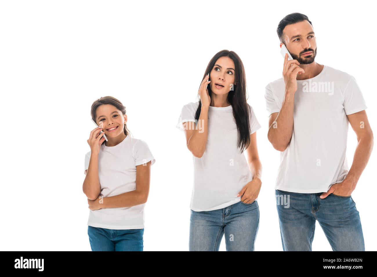 happy kid and parents talking on smartphones isolated on white Stock ...