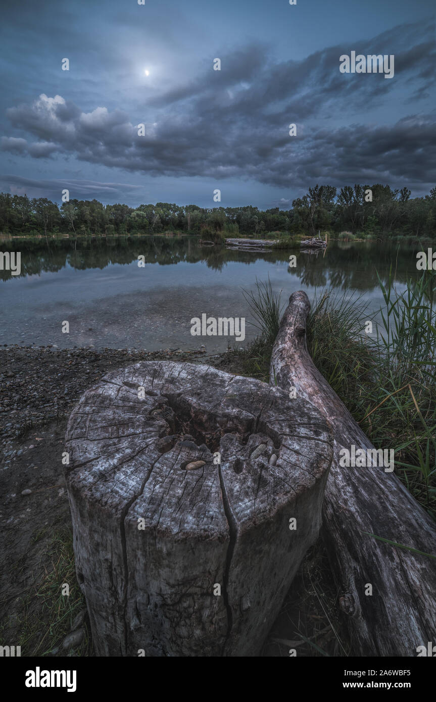 Night Landscape with the Tree Stump by the Lake Lit by the Shining Moon ...