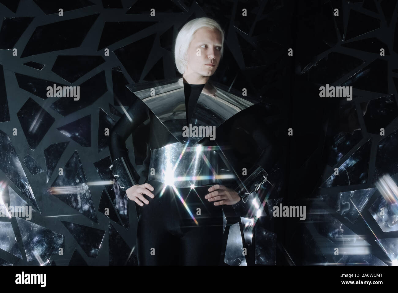 young blonde albino caucasian man standing in alien cosmos halloween ...