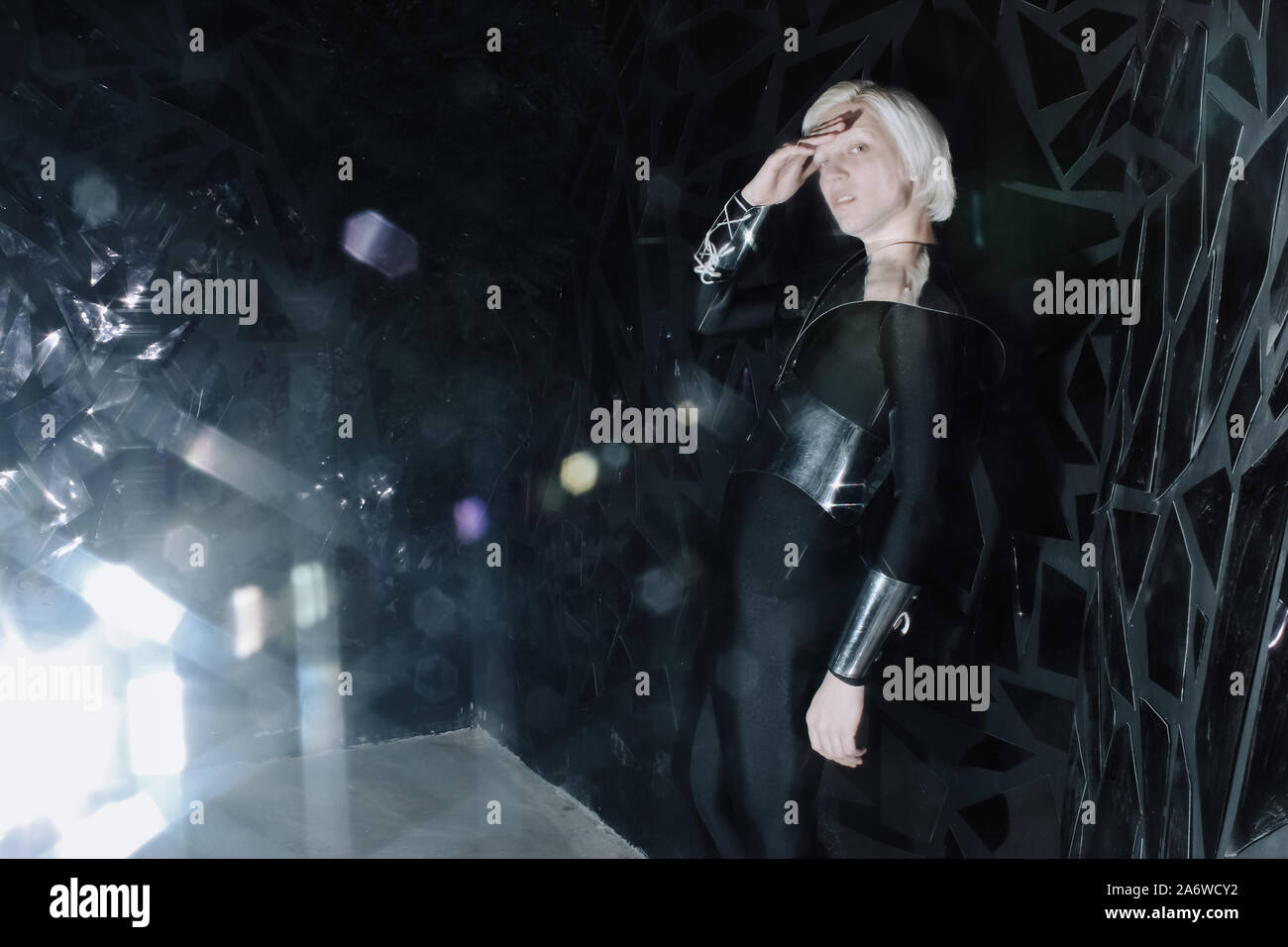 young blonde albino caucasian man standing in alien cosmos halloween ...