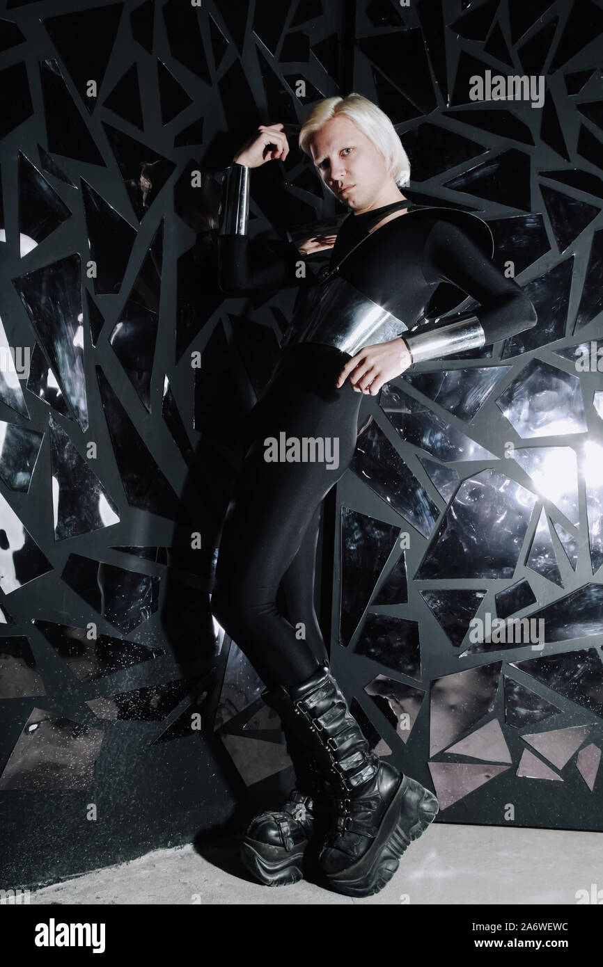 young blonde albino caucasian man standing in alien cosmos halloween ...