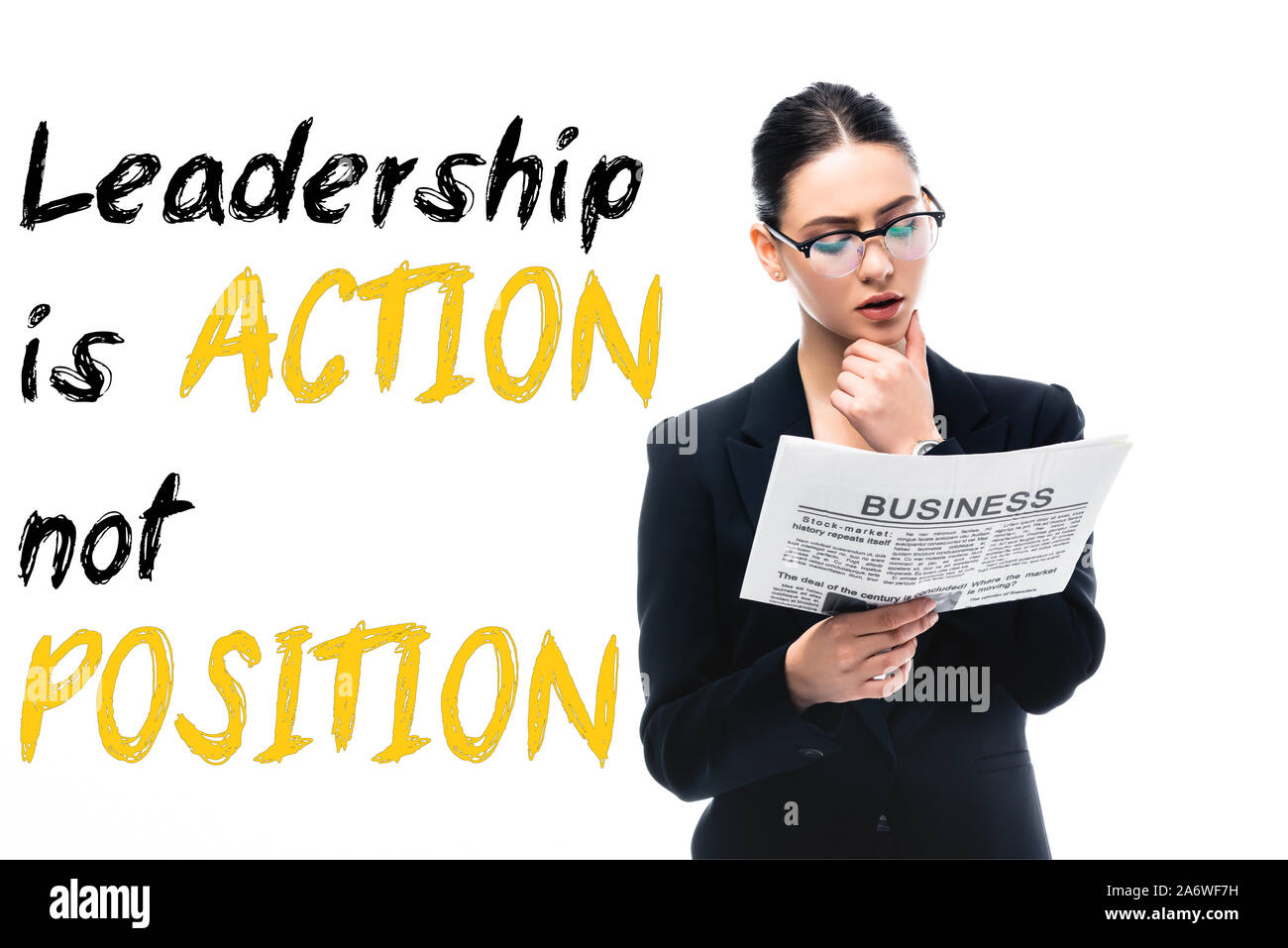 thoughtful businesswoman reading newspaper near leadership is action ...