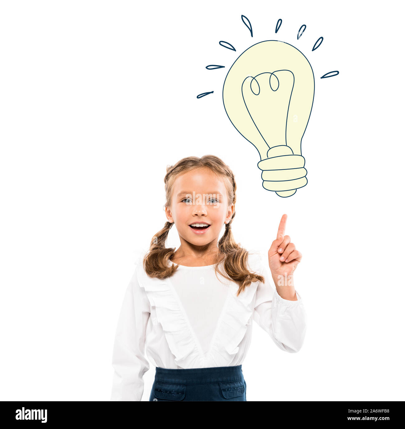 happy kid pointing with finger at light bulb while having idea on white ...