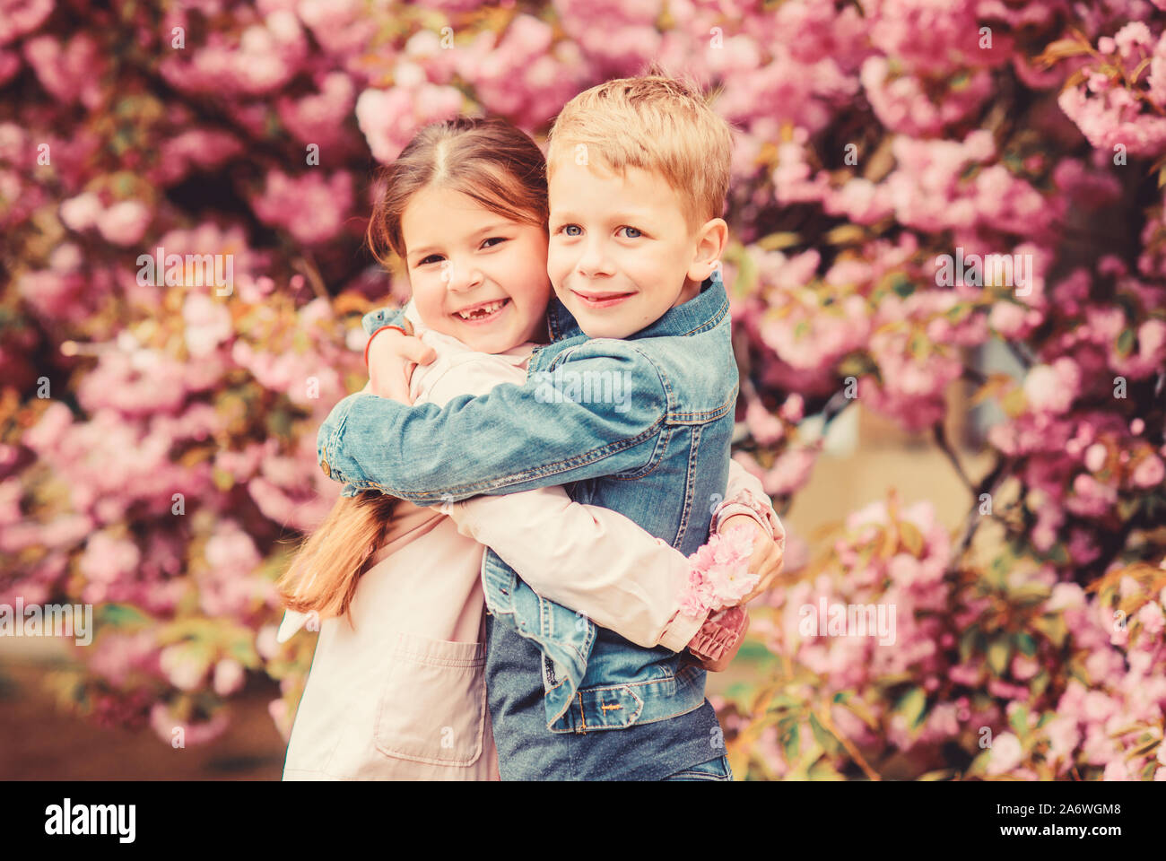 Romantic babies. Couple kids walk sakura tree garden. Tender love ...