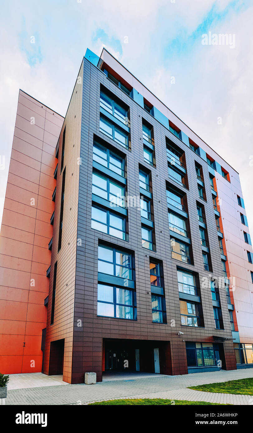 Modern residential apartment and flat building exterior and pathway ...