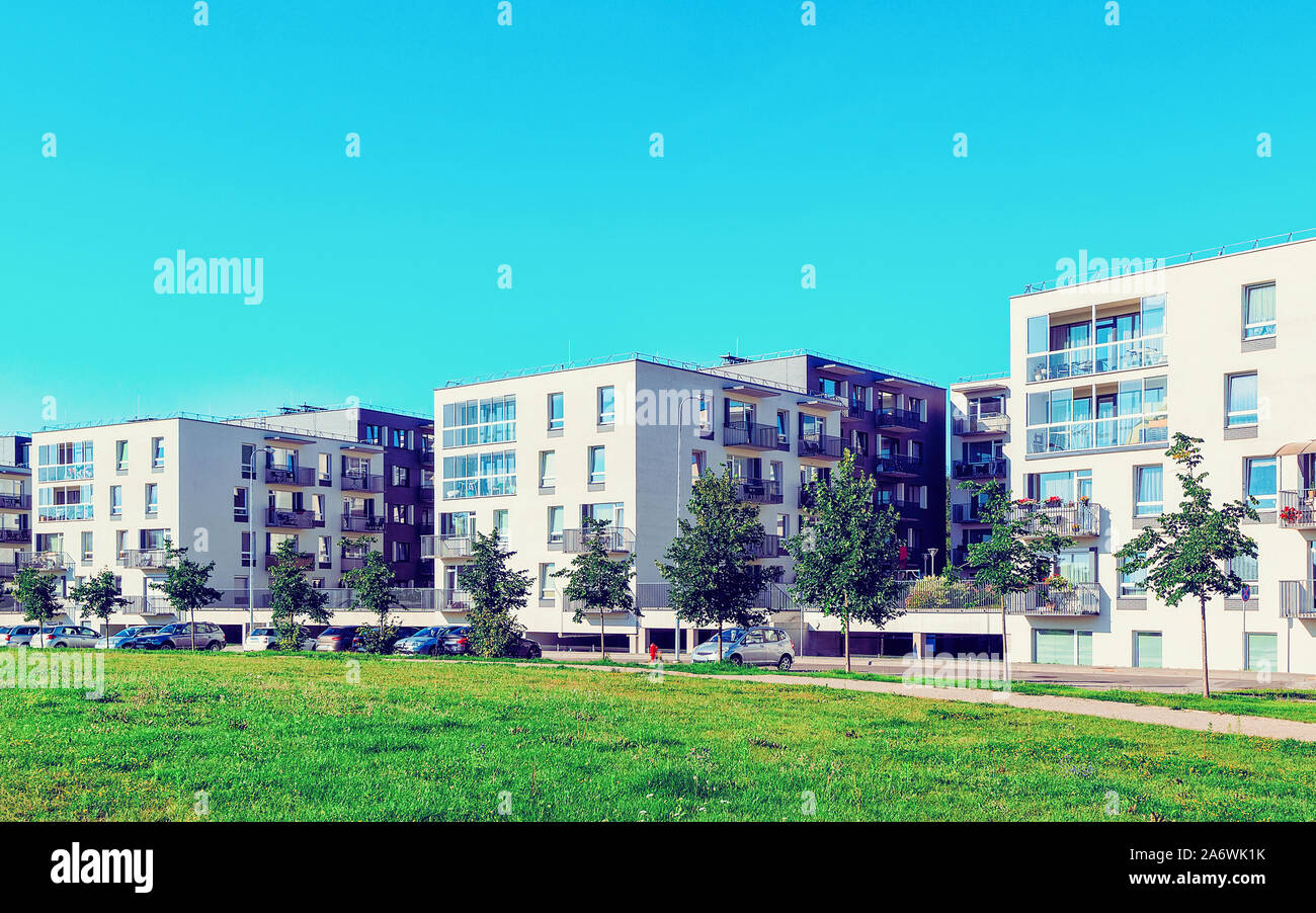 Modern residential apartment with flat buildings exterior and outdoor ...