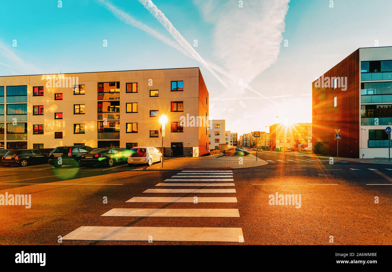 Modern residential apartment and flat building exterior with outdoor ...