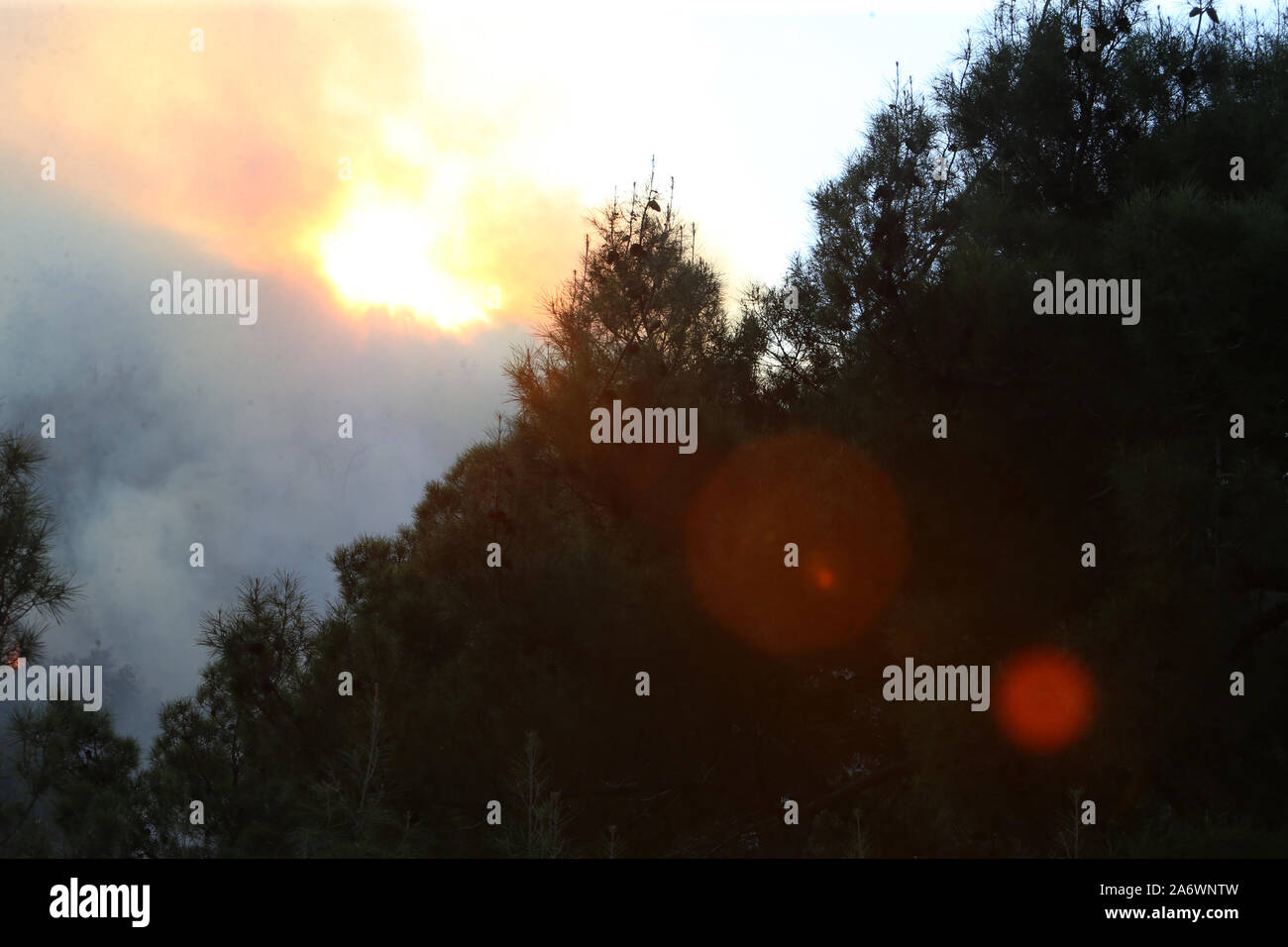 Los Angeles, USA. 28th Oct, 2019. A fire along the 405 Freeway in the ...