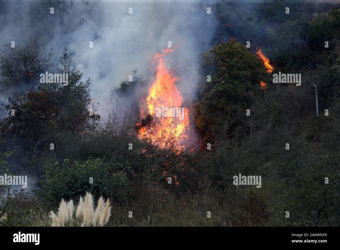Los Angeles, USA. 28th Oct, 2019. A fire along the 405 Freeway in the ...