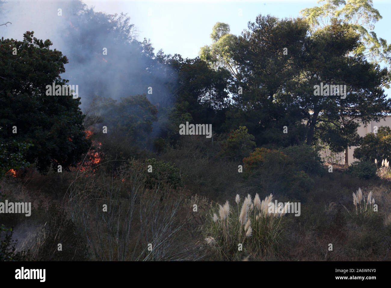 Los Angeles, USA. 28th Oct, 2019. A fire along the 405 Freeway in the ...