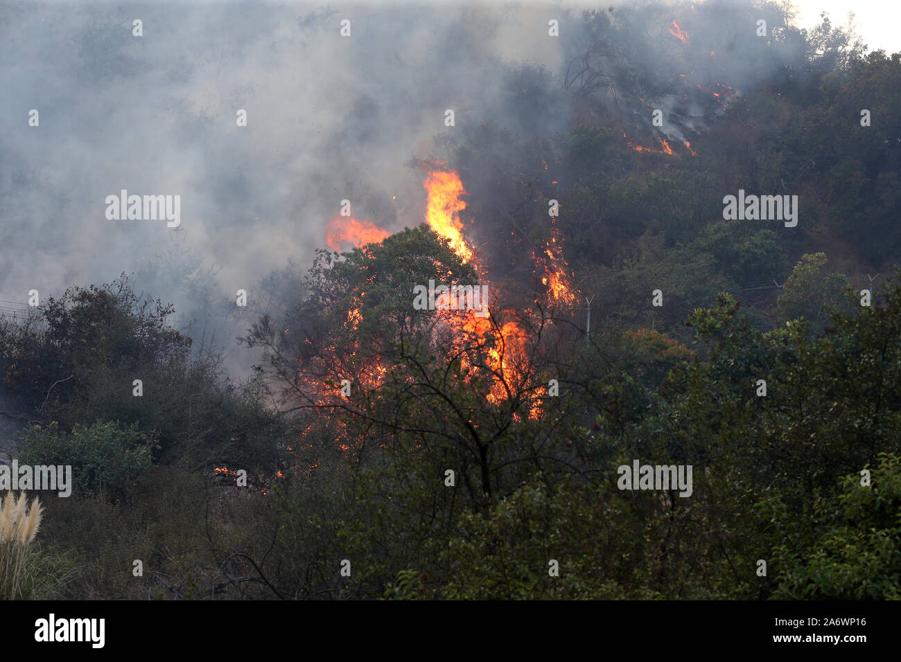 Los Angeles, USA. 28th Oct, 2019. A fire along the 405 Freeway in the ...