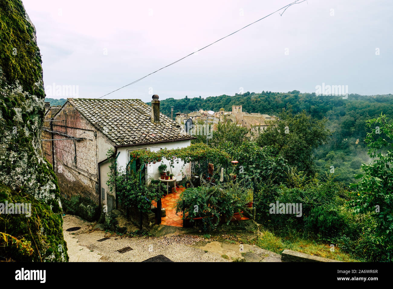 Calcata Italy September 22, 2019 View of the street under the rain in ...