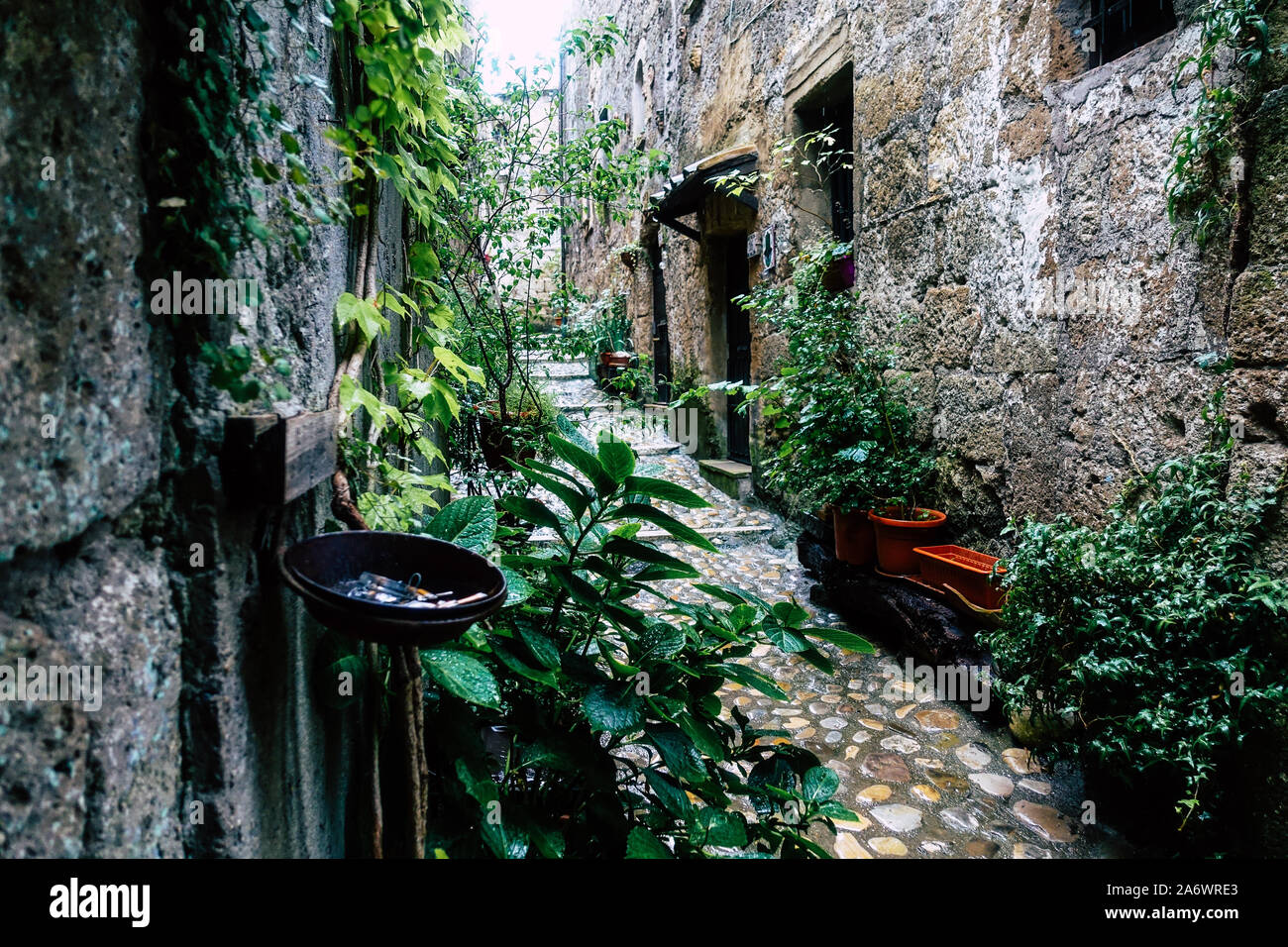 Calcata Italy September 22, 2019 View of the street under the rain in ...