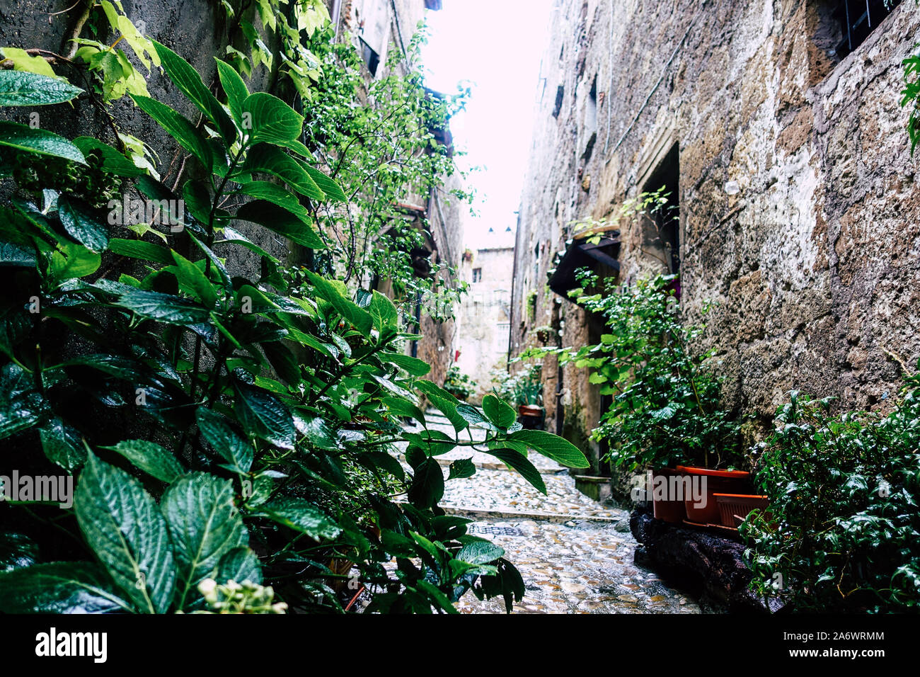Calcata Italy September 22, 2019 View of the street under the rain in ...