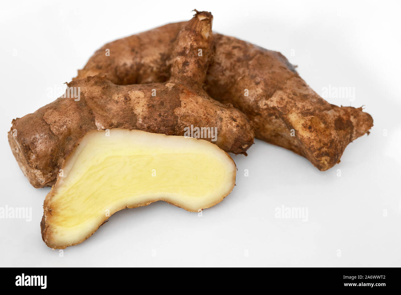 Mango-Ginger rhizome (Curcuma mangga) rhizome whole and sliced on a ...