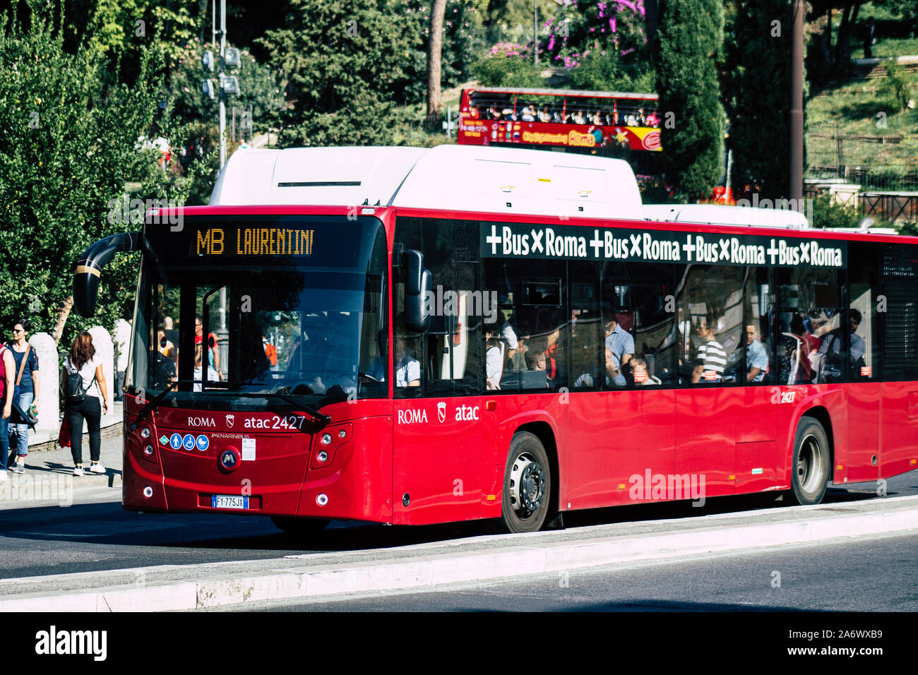 Rome Italy September 29, 2019 View of a public bus rolling through the ...