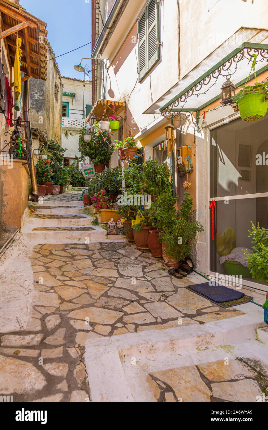 Walk the aisles Sinarades village on the island of Corfu, Greece Stock ...