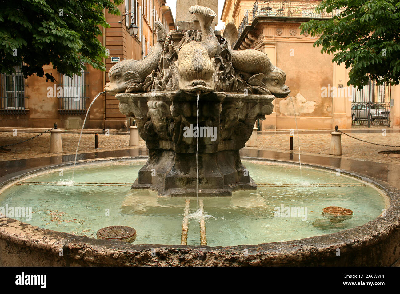 Dolphin fountain in Place des Quatre Dauphins, Aix-en-Provence, Bouches du Rhone, Provence ...