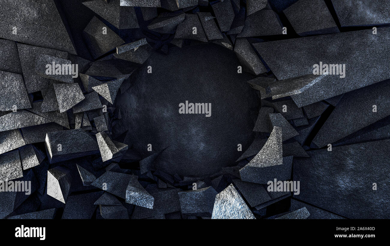 Black background with a stone explosion and a circle. 3d illustration ...