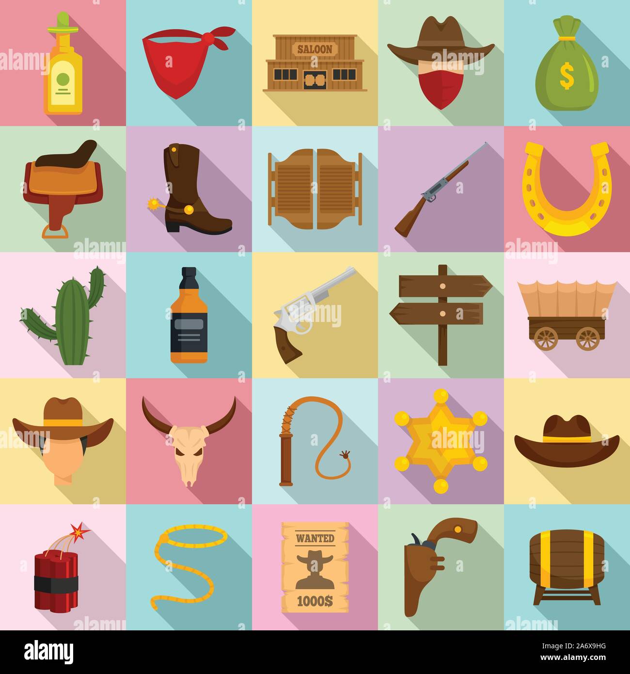 Cowboy icons set. Flat set of cowboy vector icons for web design Stock ...
