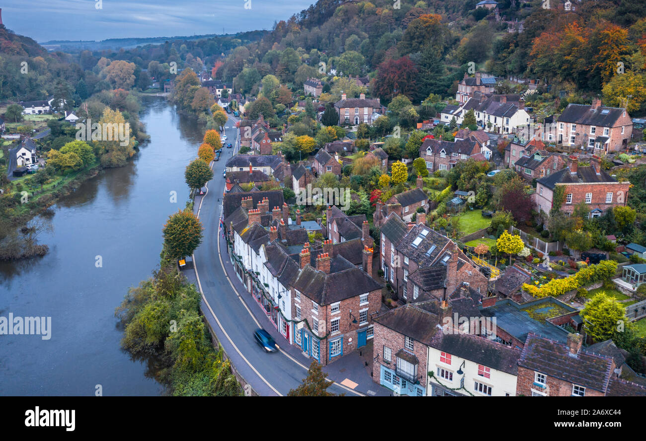 Aerial view over historic Victorian town at autumn. Ironbridge in ...