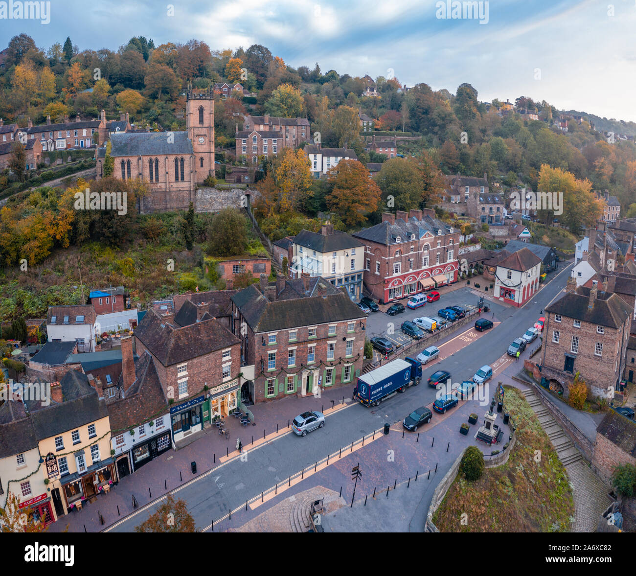 Square panoramic drone shoot over centre of historic Victorian town at ...