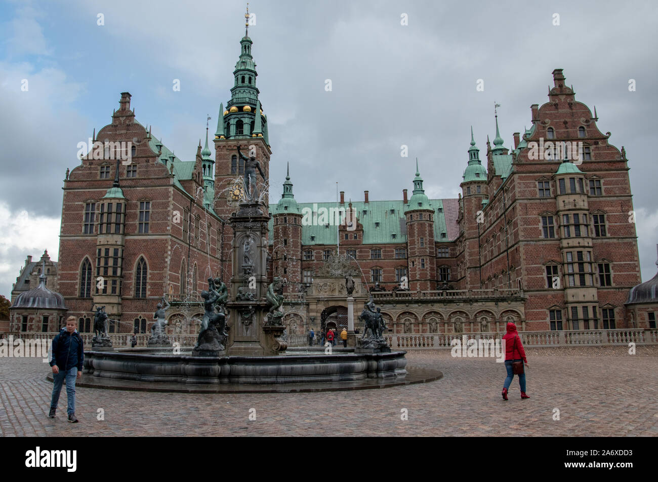Fountain in the courtyard. Frederiksborg Castle (Danish: Frederiksborg ...