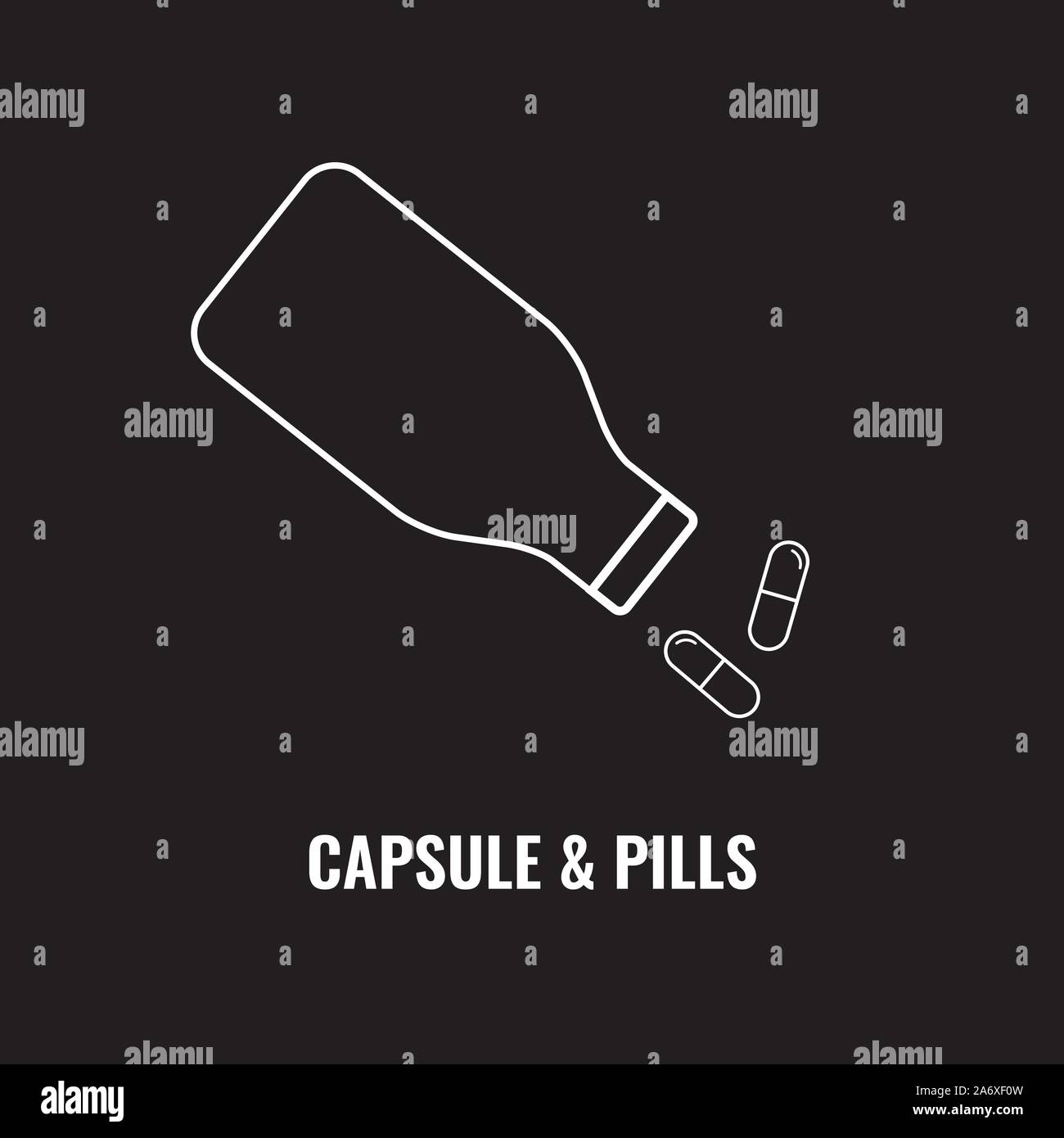 Pill bottle line icon. Pour out capsules or pills. Outline art vector ...