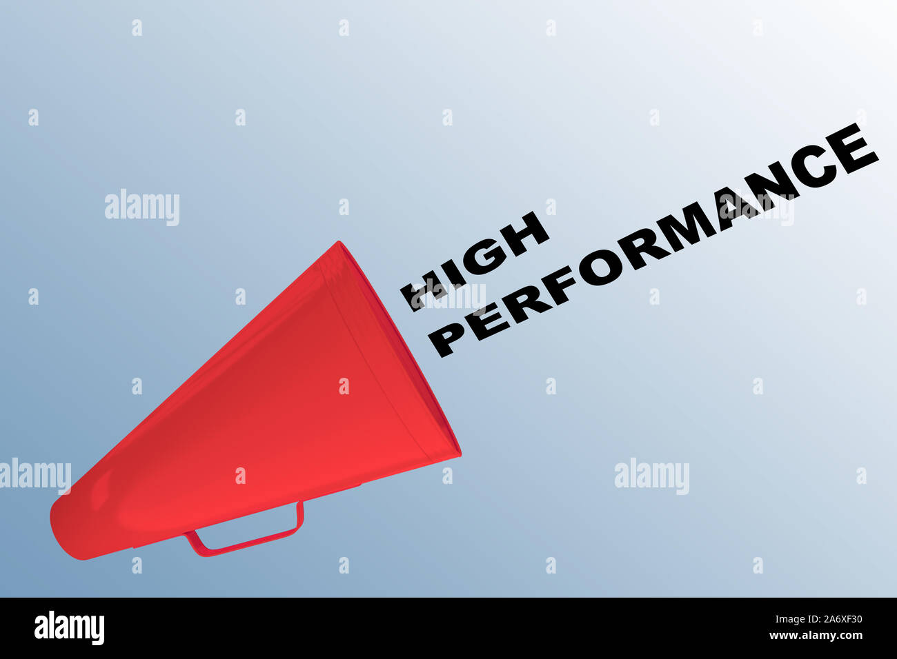 3D illustration of HIGH PERFORMANCE title flowing from a loudspeaker ...