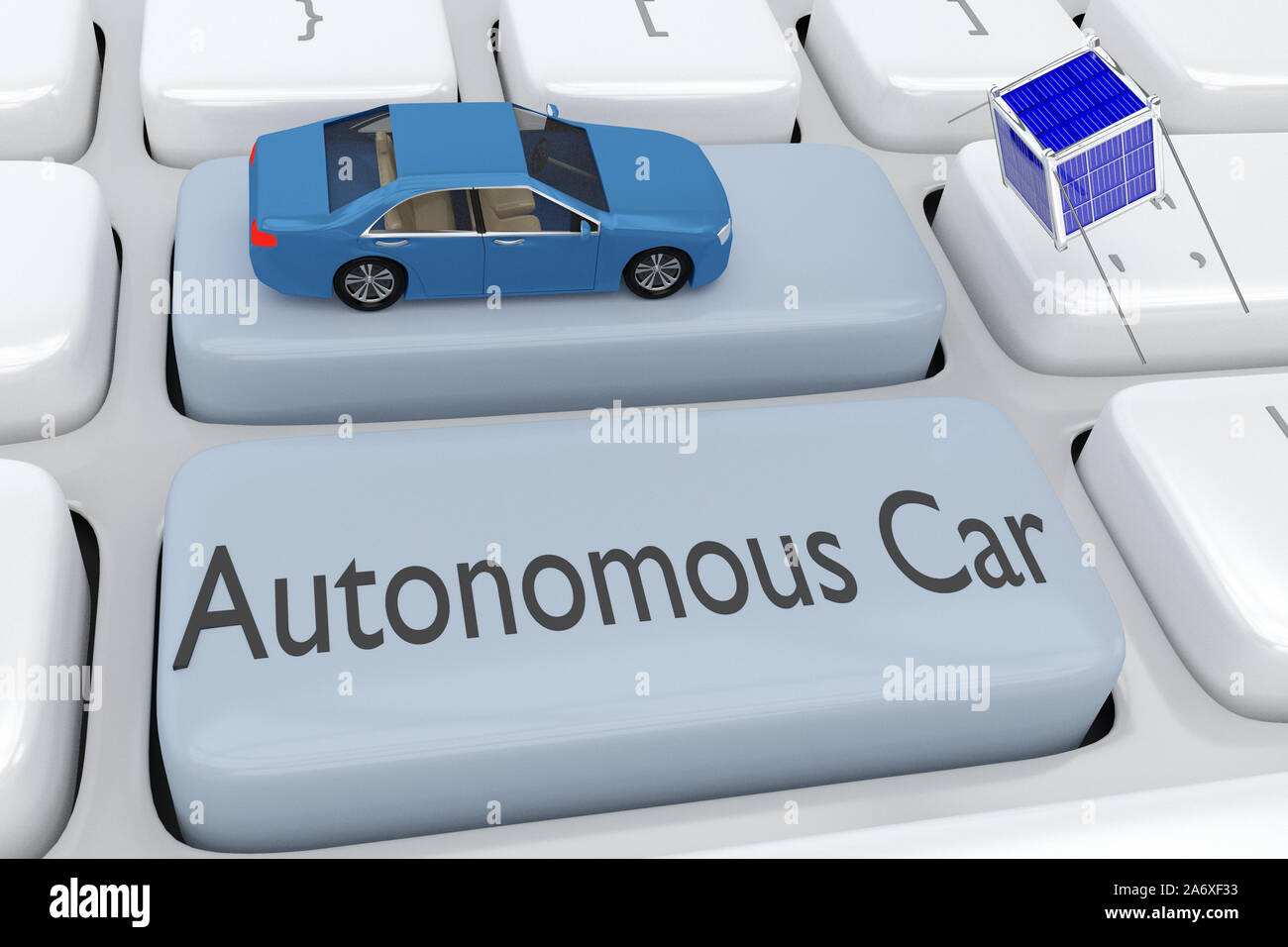 3D illustration of computer keyboard with a blue car on a pale blue ...