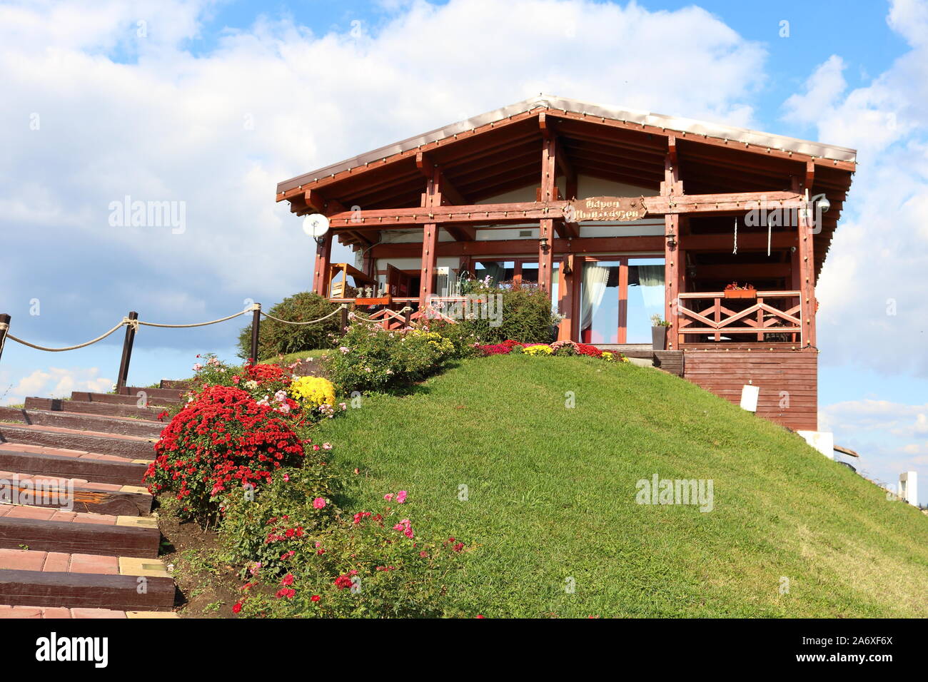 Beautiful summer landscape with a restaurant on the mountain Stock ...