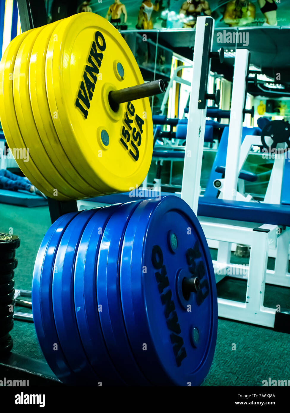 Professional yellow and blue dumbbells and weight plates on the ...