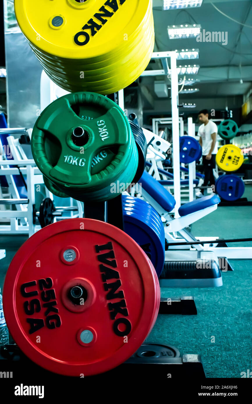 Professional red, green, blue dumbbells and weight plates on the ...