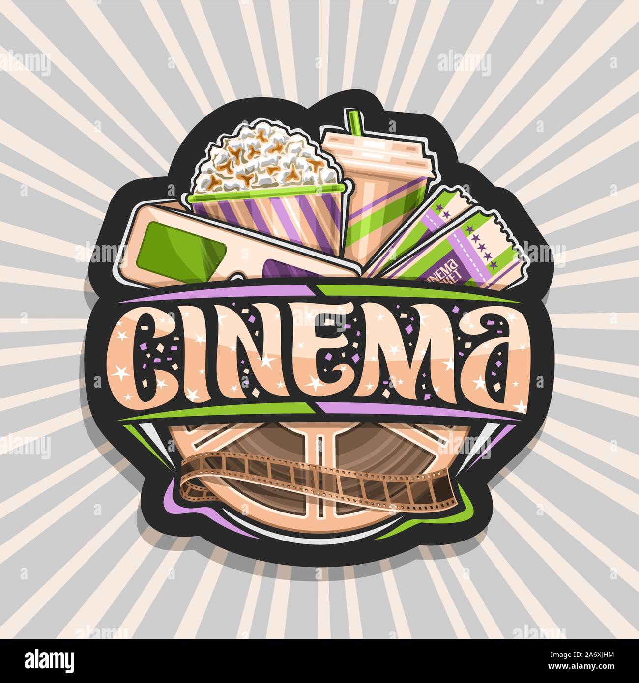 Vector logo for Cinema, black decorative label with green & purple 3d ...