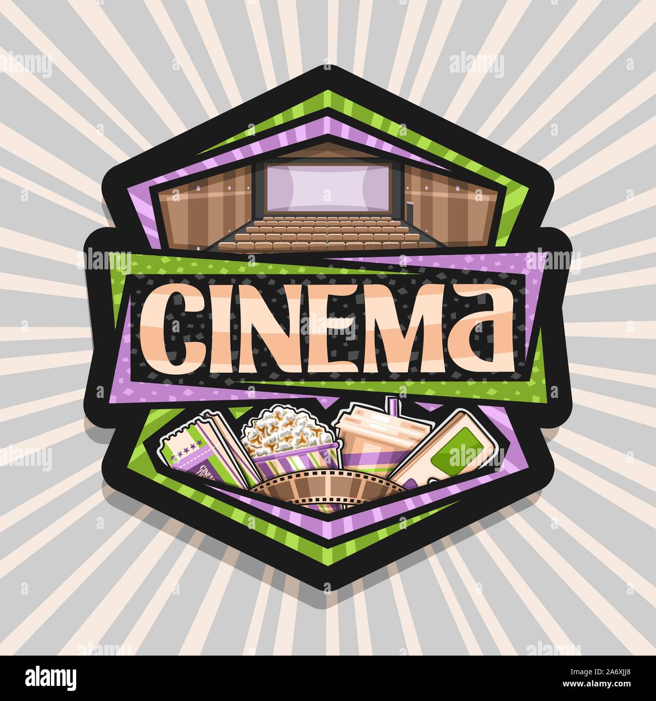 Vector logo for Cinema, black decorative icon with green and purple 3d ...
