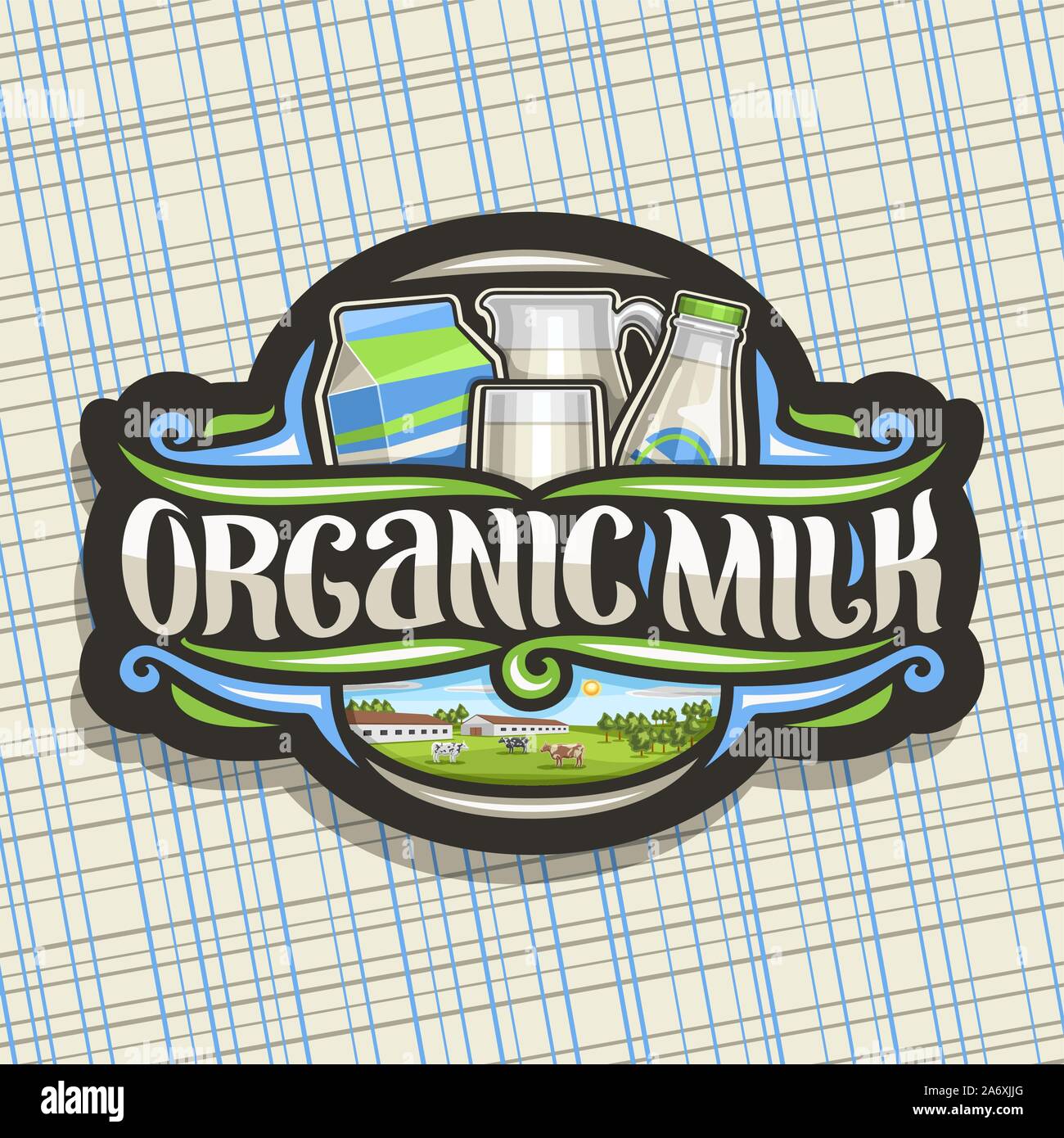 Vector logo for Organic Milk, dark decorative tag with illustration of ...