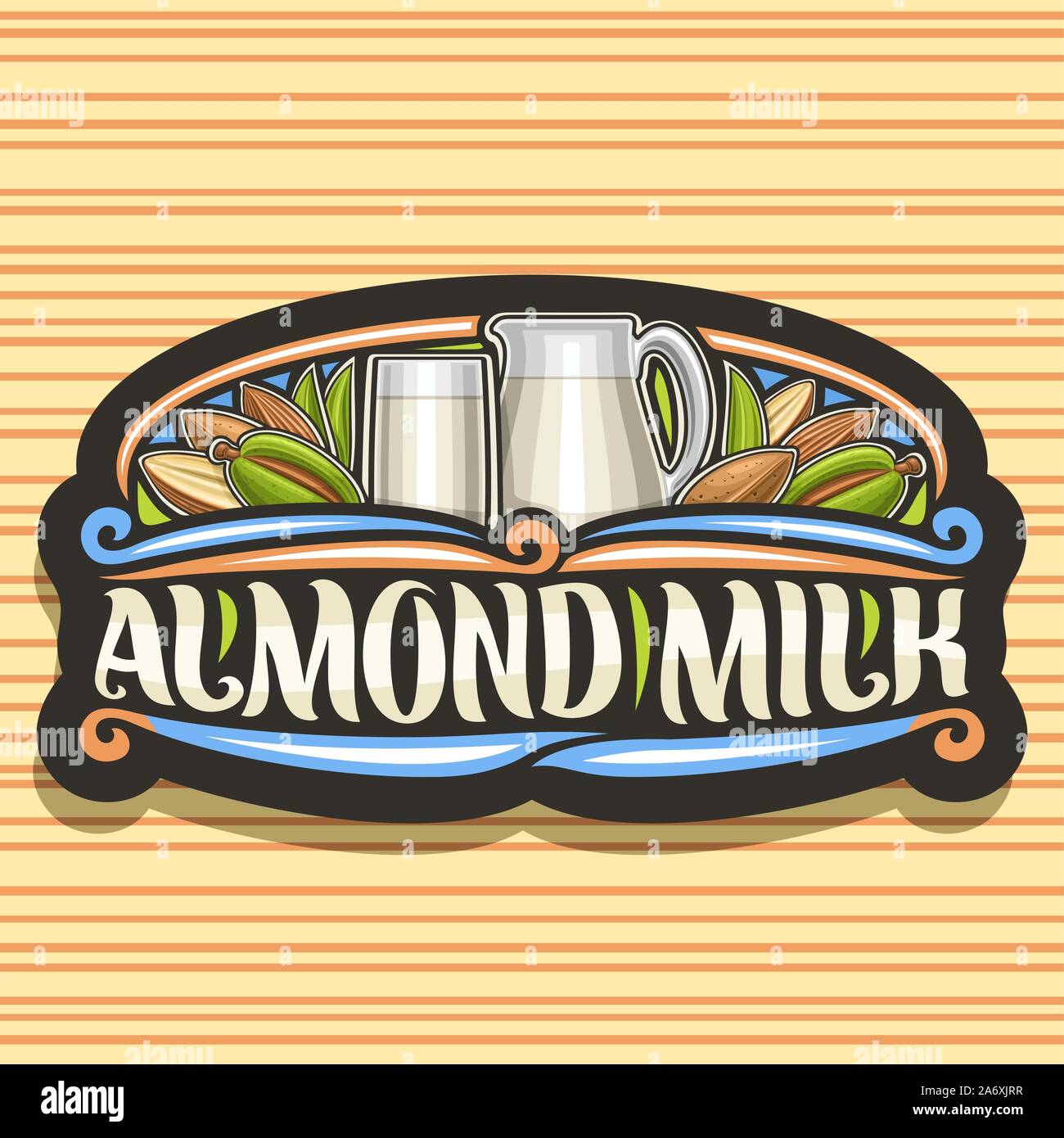 Vector logo for Almond Milk, sticker with illustration of full glass ...
