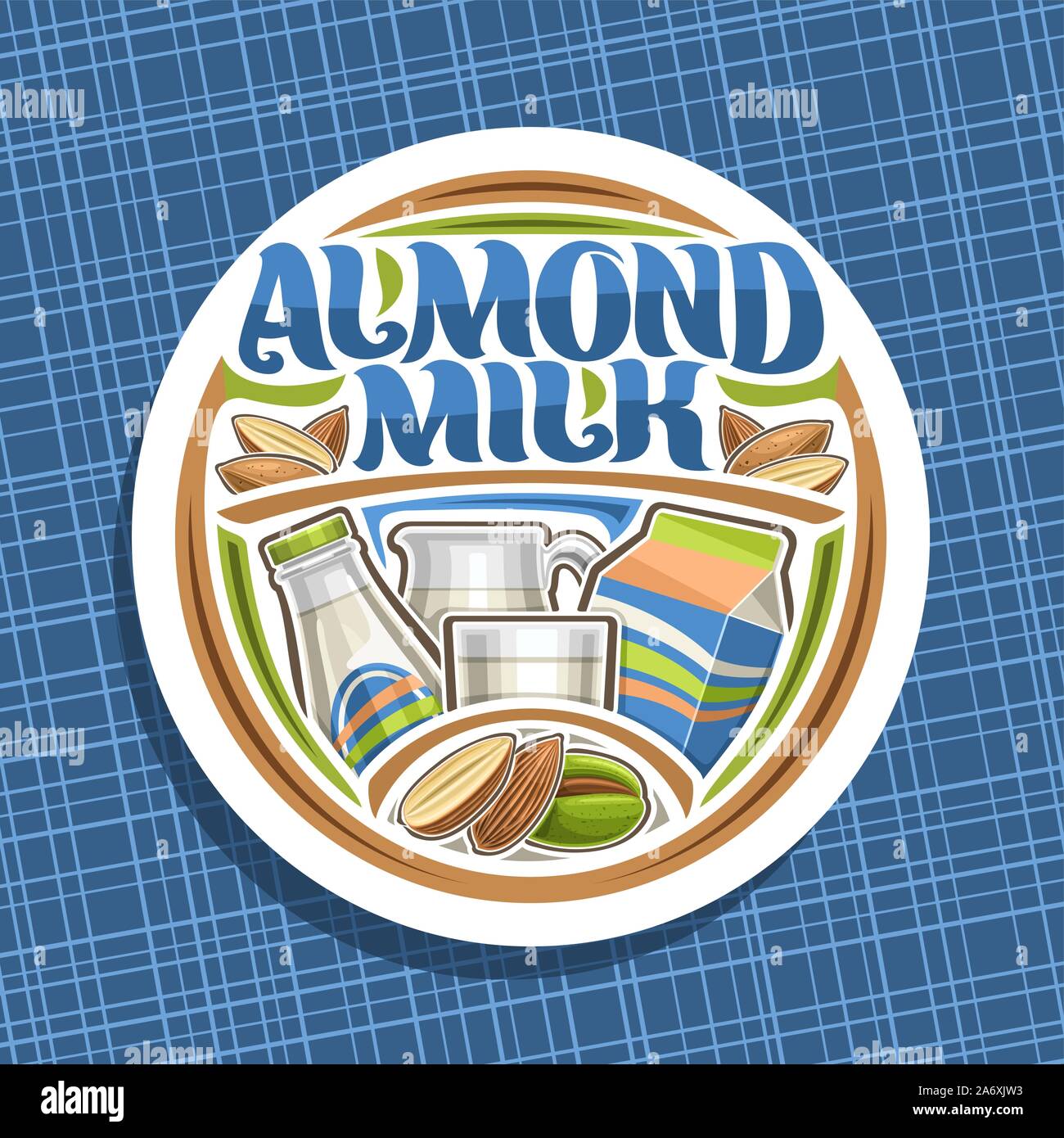 Vector logo for Almond Milk, white circle sticker with illustration of ...