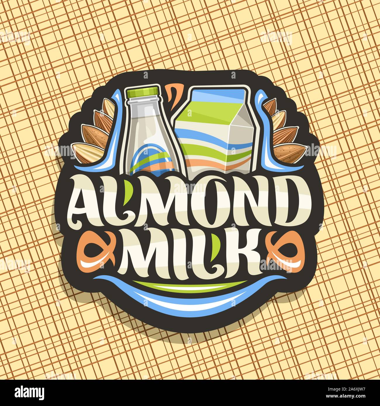 Vector logo for Almond Milk, black icon with illustration of full ...