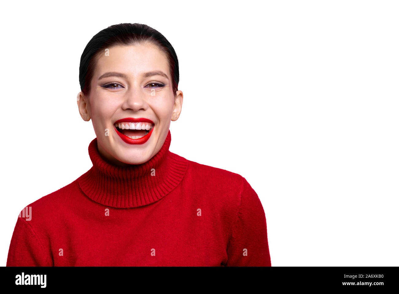 smiling girl in red sweater on isolated background Stock Photo - Alamy