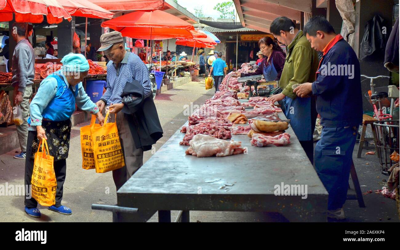 Meat stall in a food market, Dali ancient city, Yunnan province (China ...