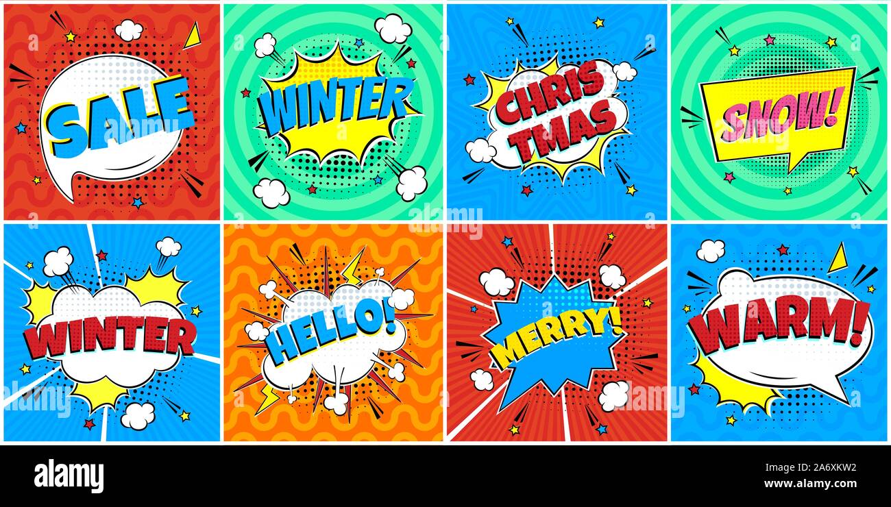 8 Comic Winter Lettering In The Speech Bubbles Comic Style Flat Design ...