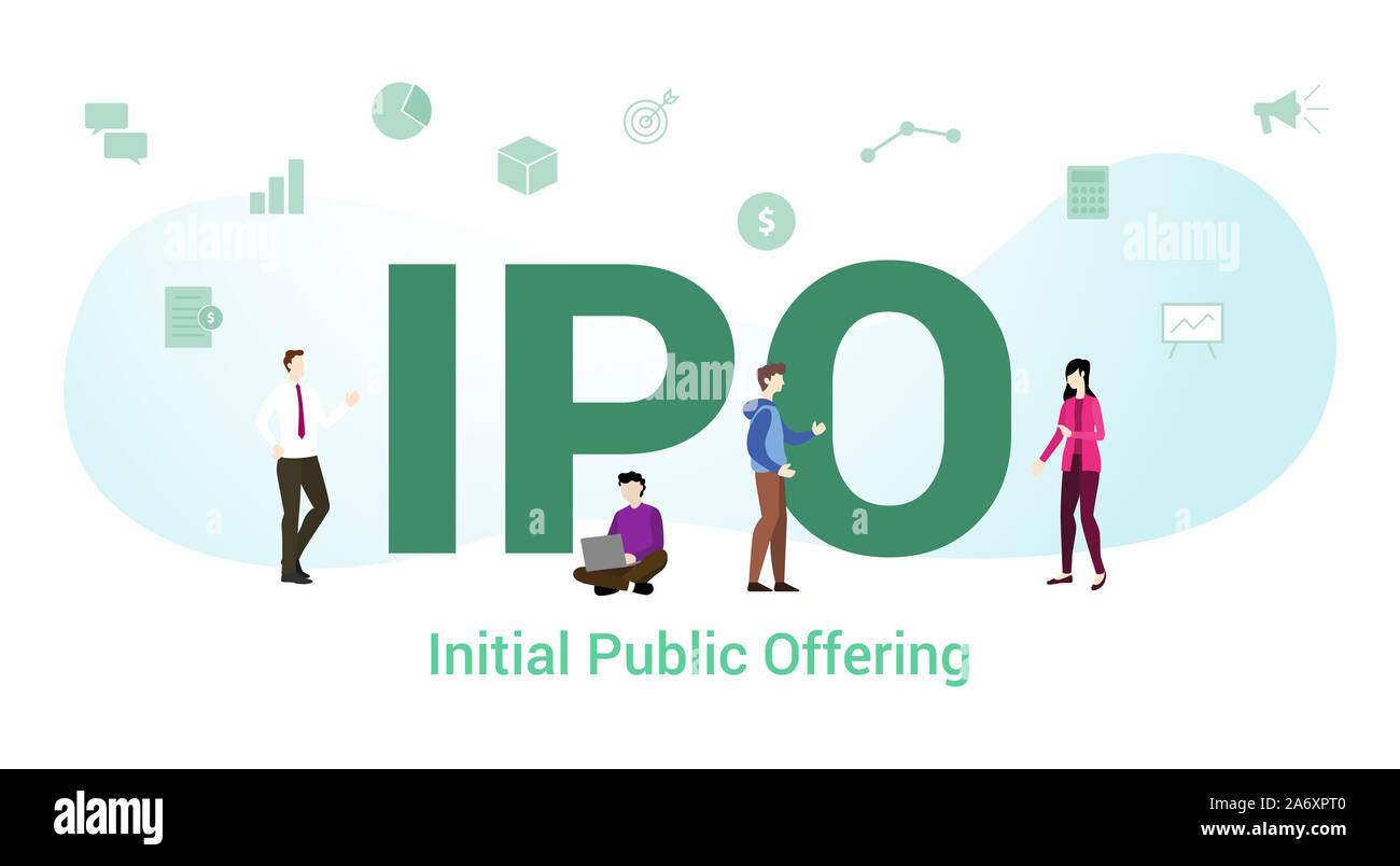ipo initial public offering concept with big word or text and team people with modern flat style ...