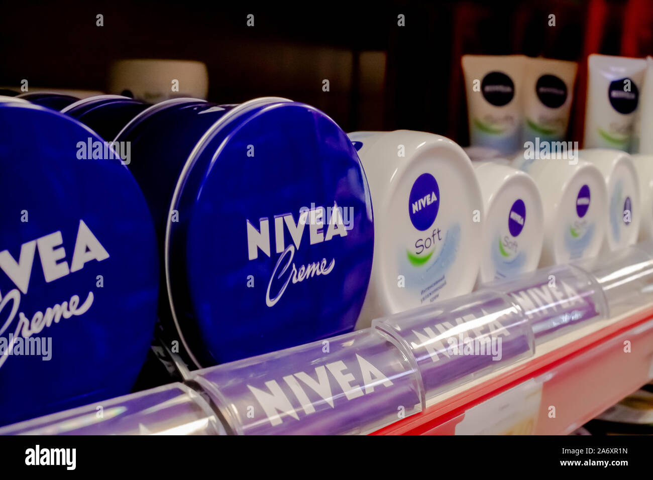 Nivea cosmetic products for sale on a supermarket shelf. The Nivea ...