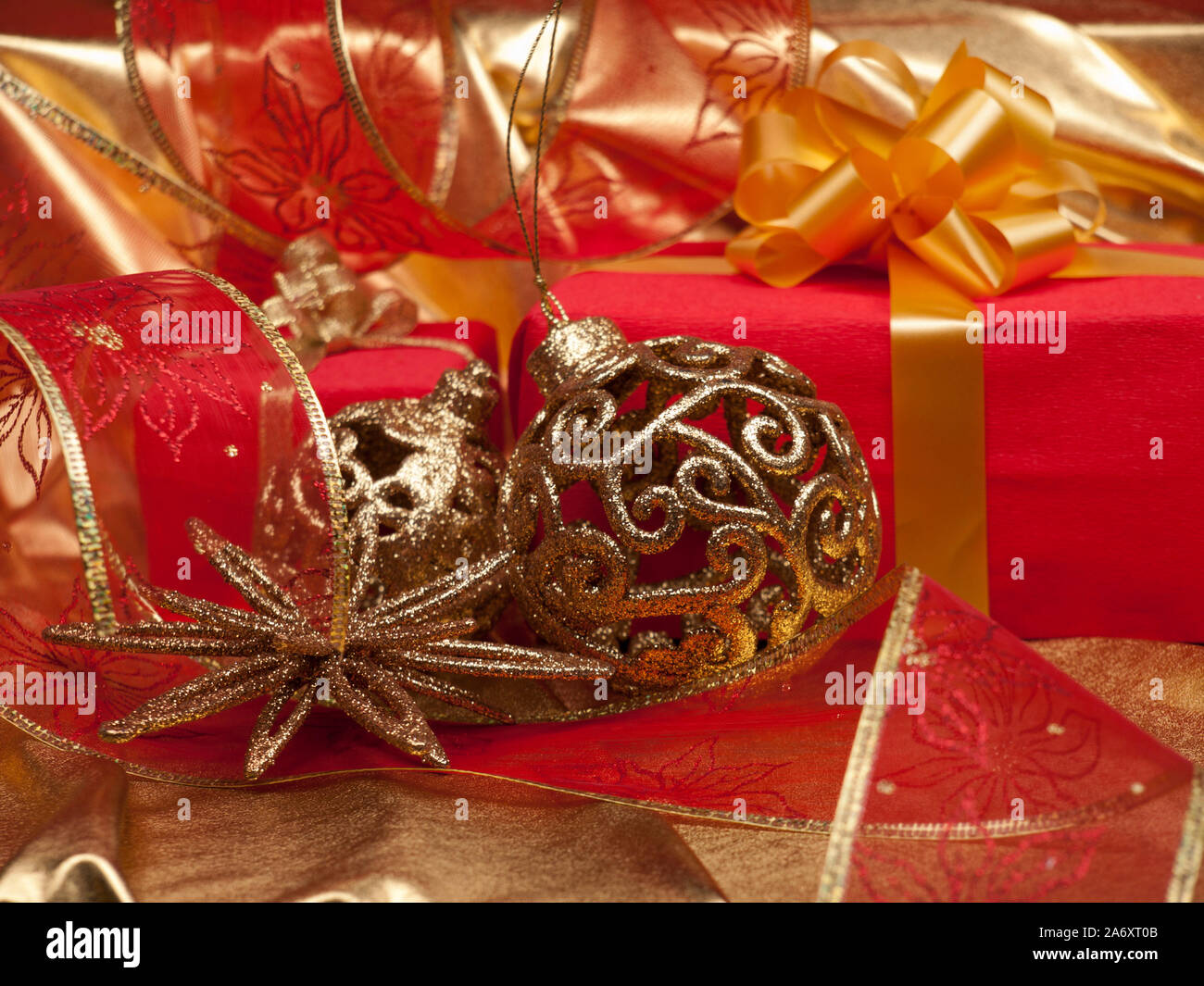 Christmas still life with decorations and gifts Stock Photo - Alamy