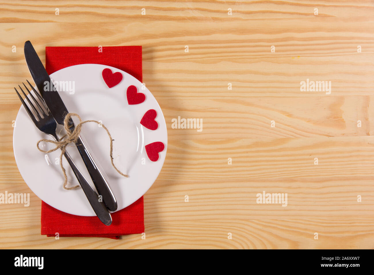 Set for celebration Valentine's Day on wooden table. Card template ...