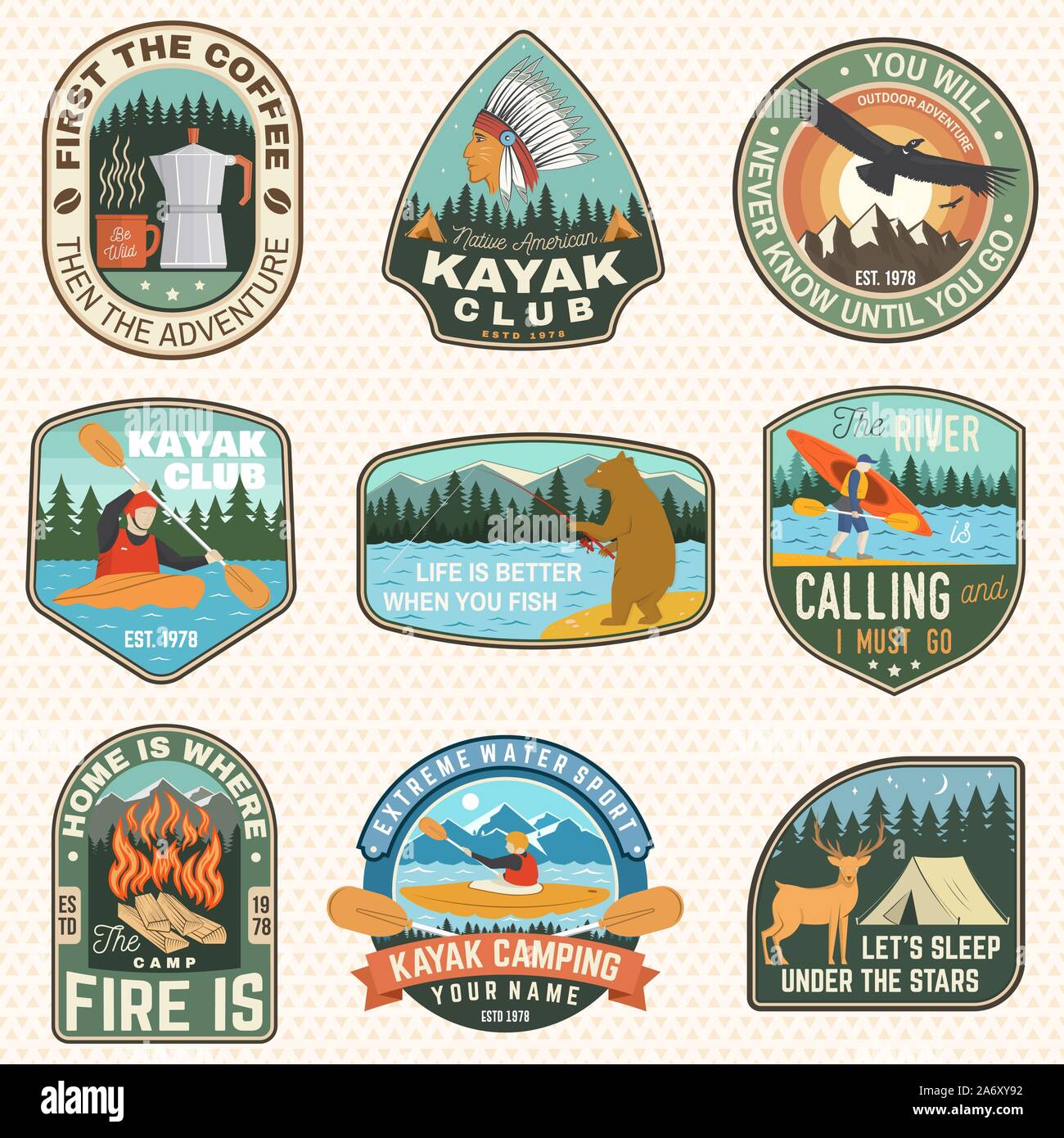 Set Of Summer Camp Badges Patches Vector Illustration Concept For