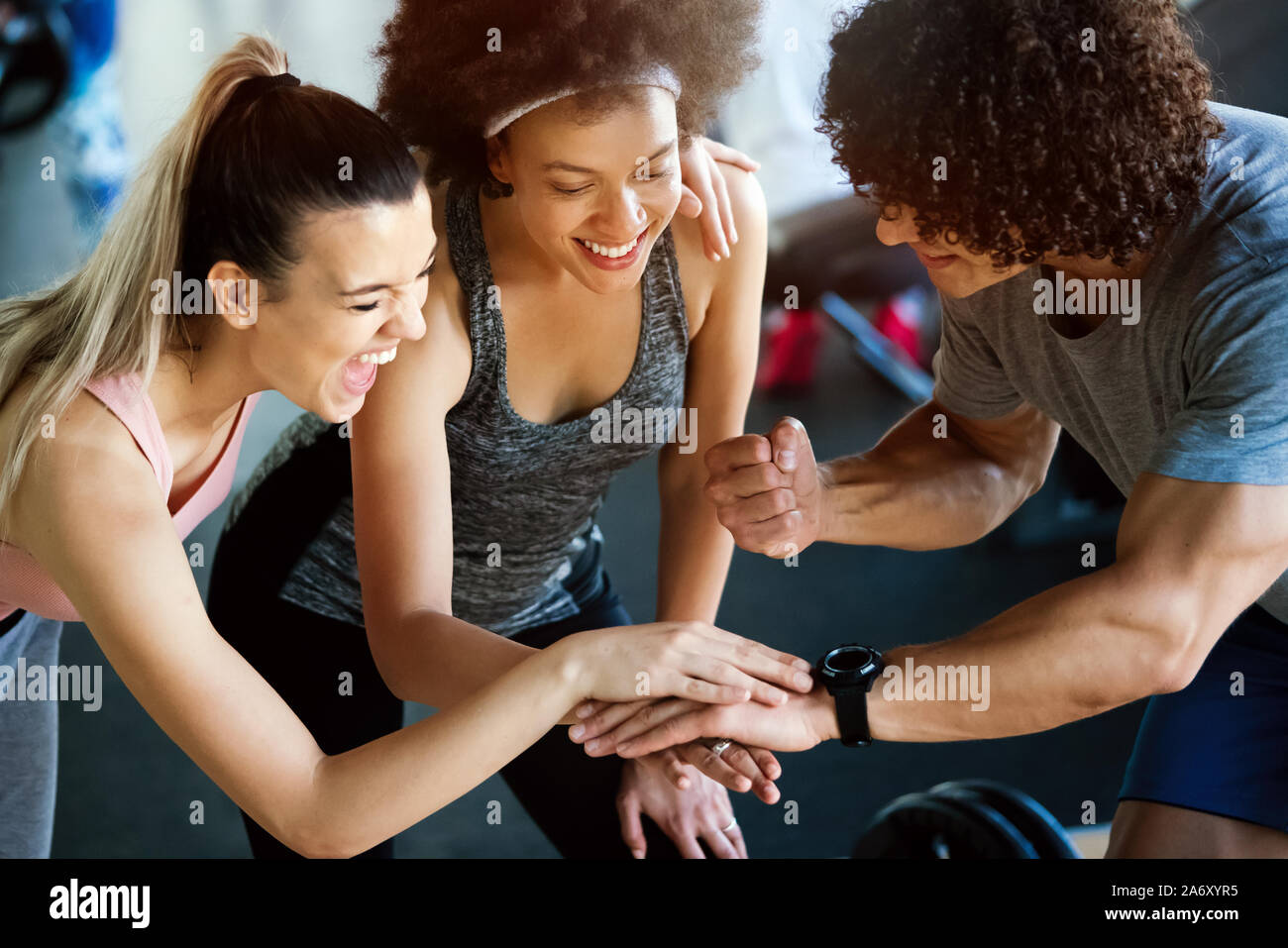 Happy successful fitness class after training in modern gym Stock Photo ...