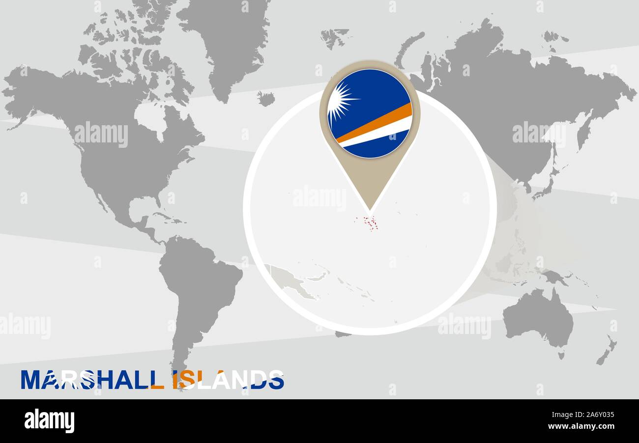 World map with magnified Marshall Islands. Marshall Islands flag and ...