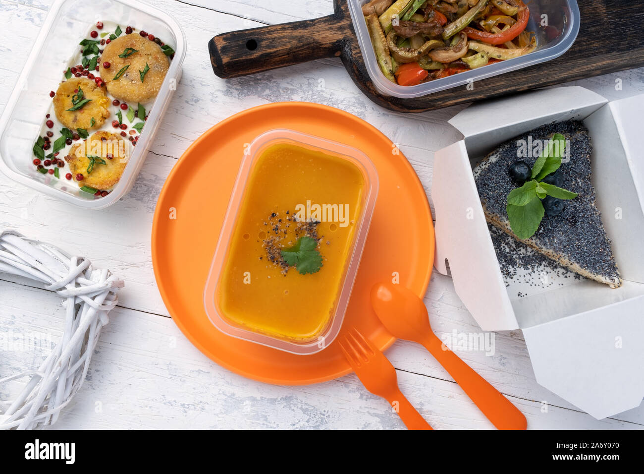 top view of the three-course lunch set Stock Photo - Alamy
